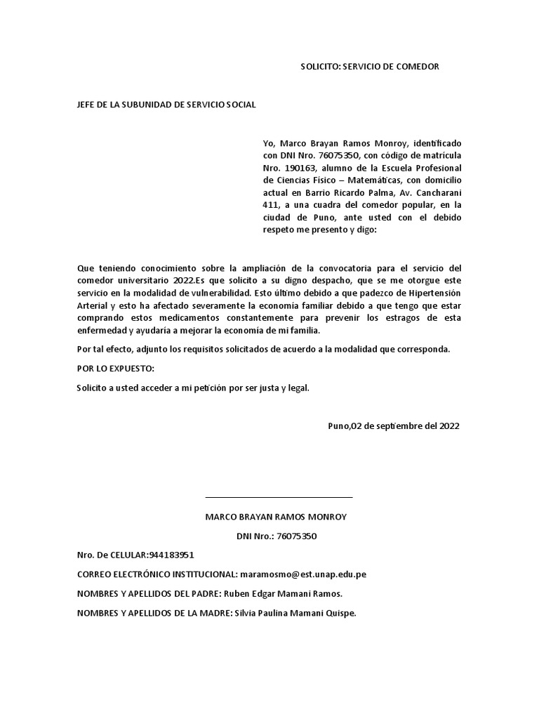 Solicitud de Comedor | PDF