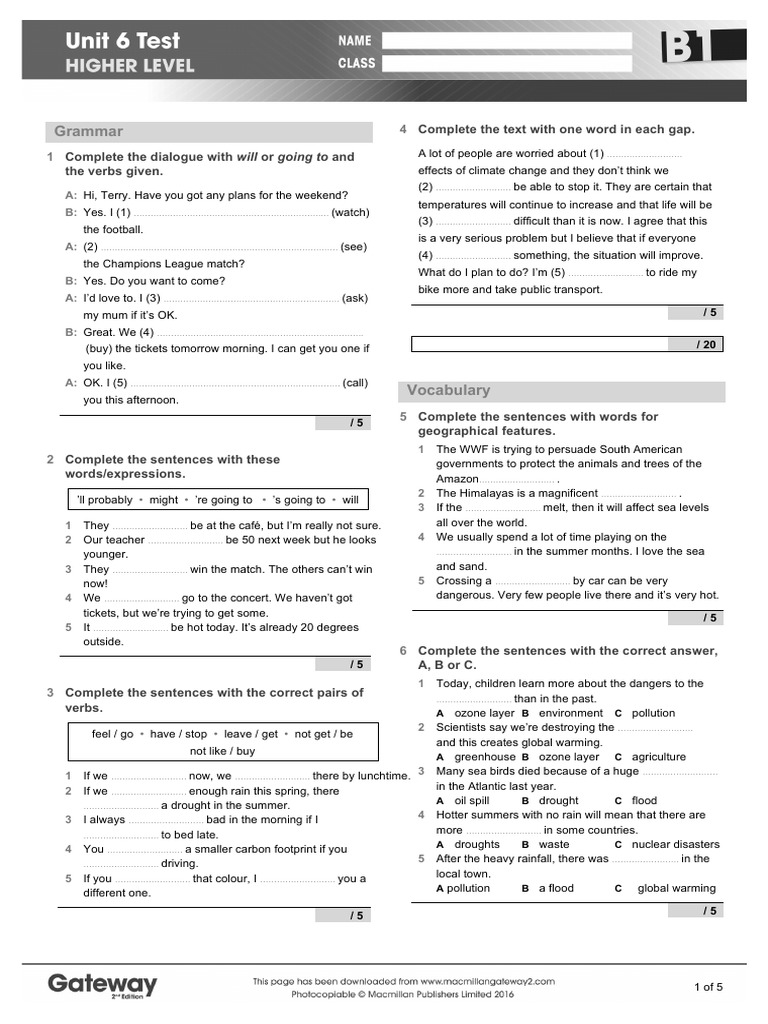 Test B1 Unit 6 HIGHER | PDF