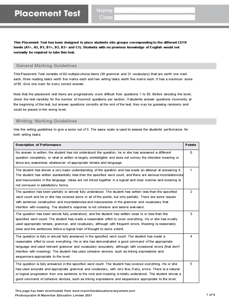 Placement Test Teacher's Guide Answer Key | PDF | Verb | Syntax