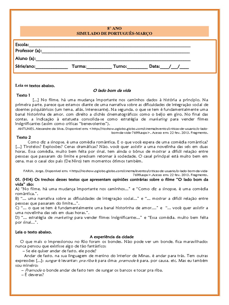 Simulado Oitavo Ano | PDF | Poesia | Amor
