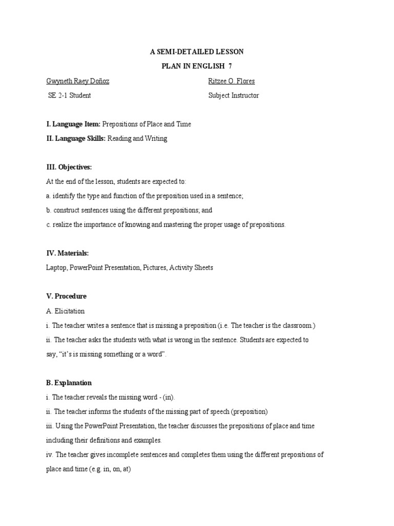 A Semi-Detailed Lesson Plan in English 7 | PDF | Language Arts ...