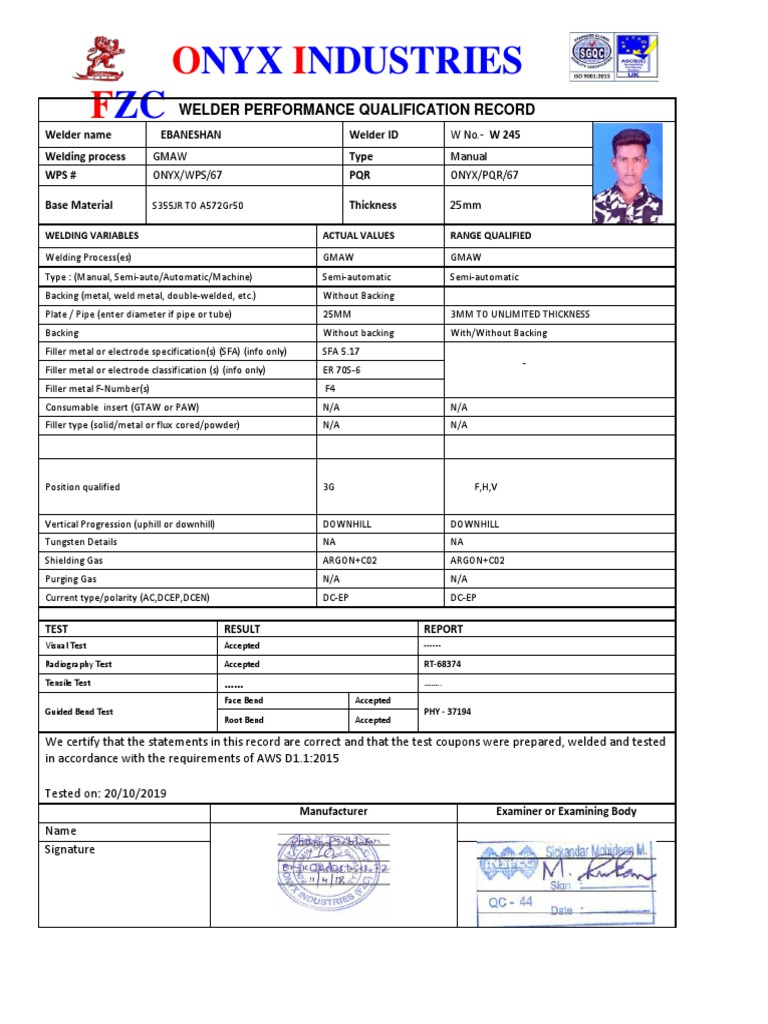 NYX Ndustries ZC: Welder Performance Qualification Record | PDF ...