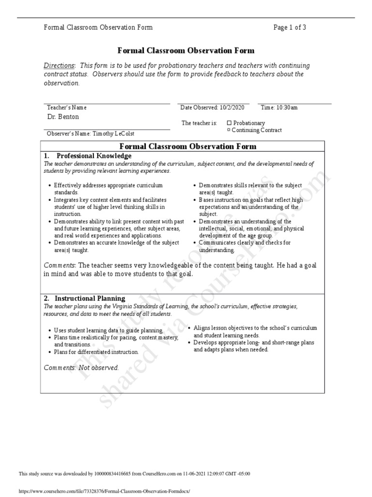 Formal Classroom Observation Form | PDF | Differentiated Instruction ...