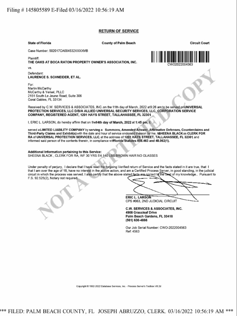 (17-004532 157) Return of Service UNIVERSAL PROTECTION | PDF ...