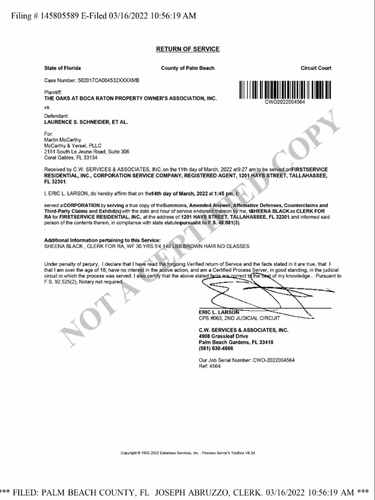 (17-004532 158) Return of Service First Service Residential | PDF ...