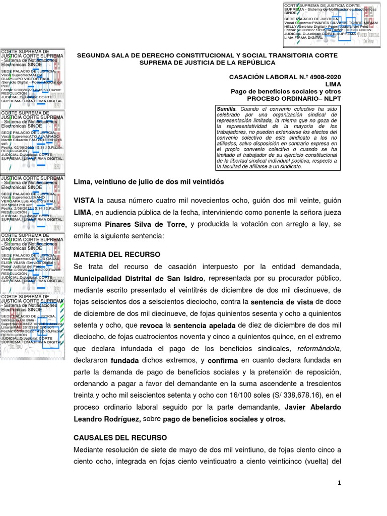 Cas 4908-2020 Trab. Munic. No Sindicalizado | PDF | Sindicato | Derecho laboral