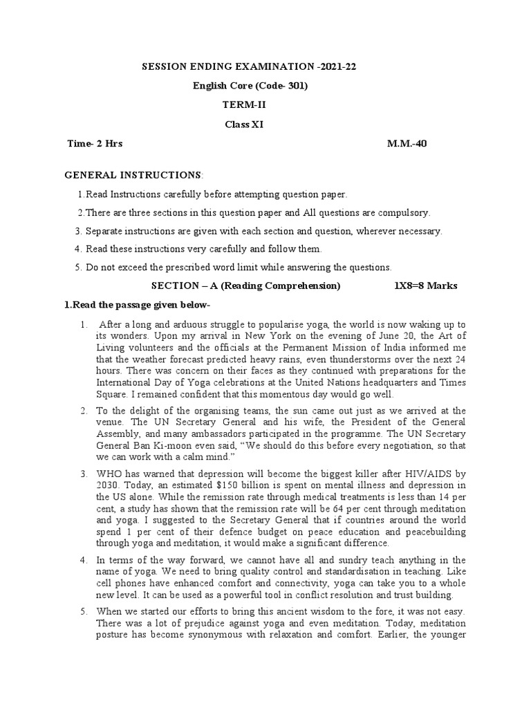 Sample Question Paper English Core Class 11 Term 2 SEE 2022 | PDF