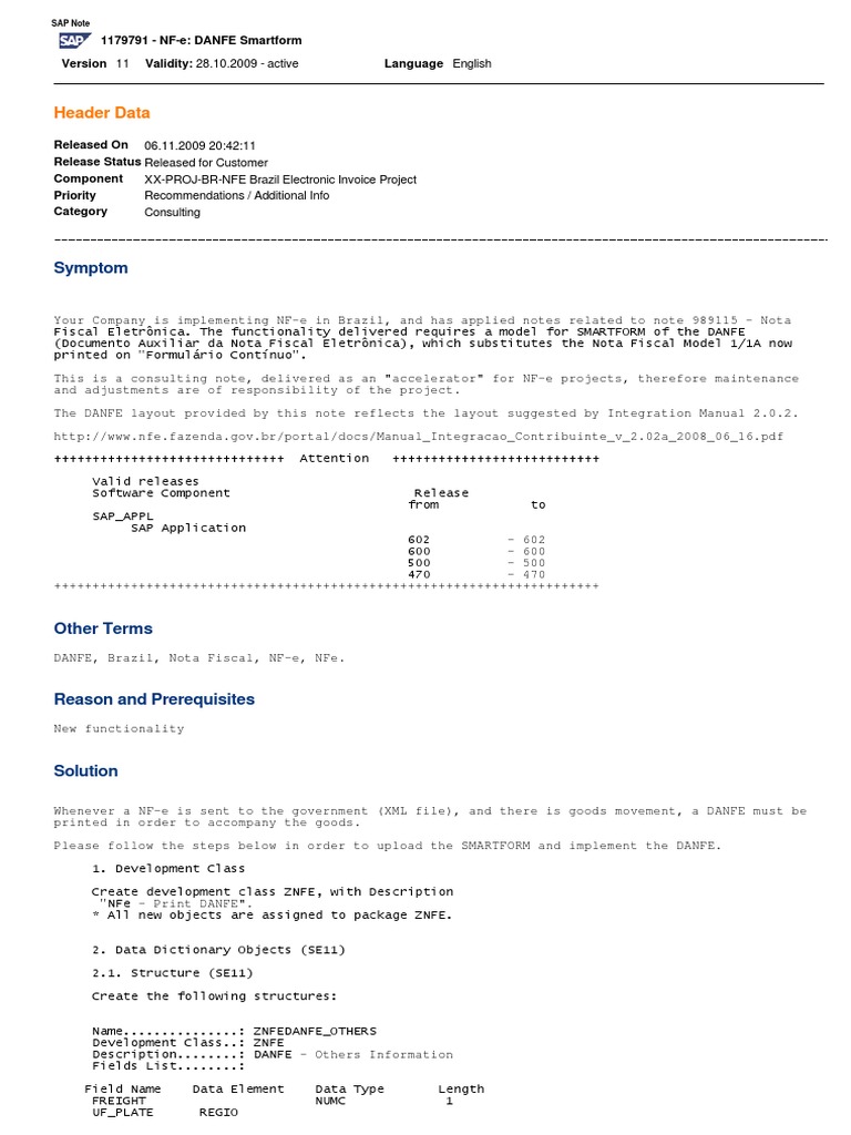 SAPNote - NFe DANFE Smartform - 0001179791 | PDF | Zip (File Format ...