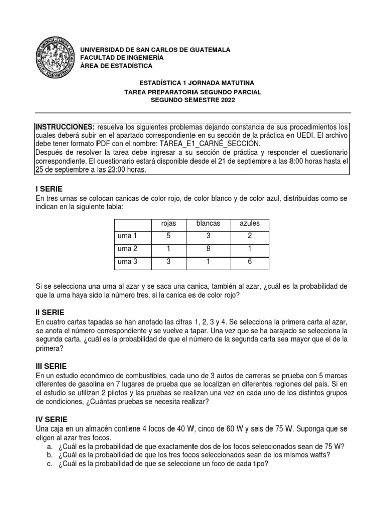 TAREA - PARCIAL - 2 - E1 2022 MATUTINA Revisada | PDF | Probabilidad