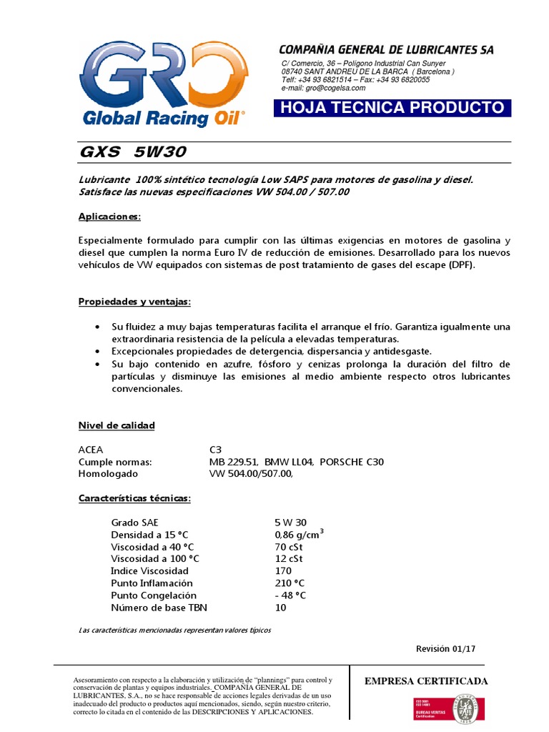 Lubricante GXS 5W30: Especificaciones y Usos | PDF | Lubricante