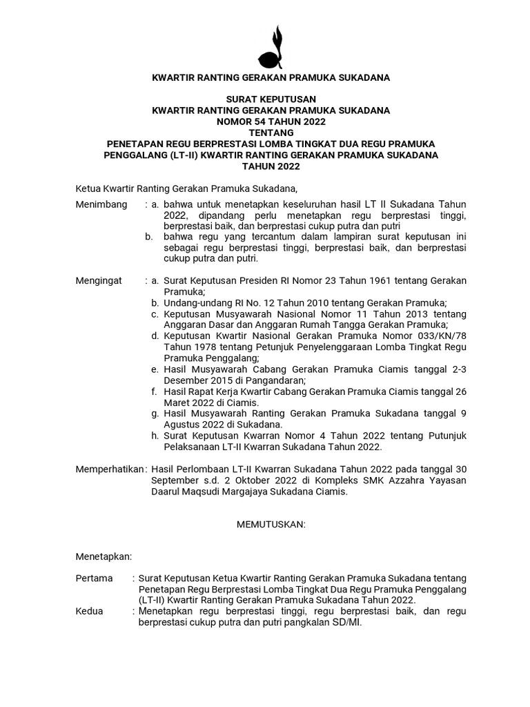 #2022 - SK - 54 - SK Penetapan Regu Berprestasi LT-II Sukadana 2022 - Lampiran - Cap TTD | PDF