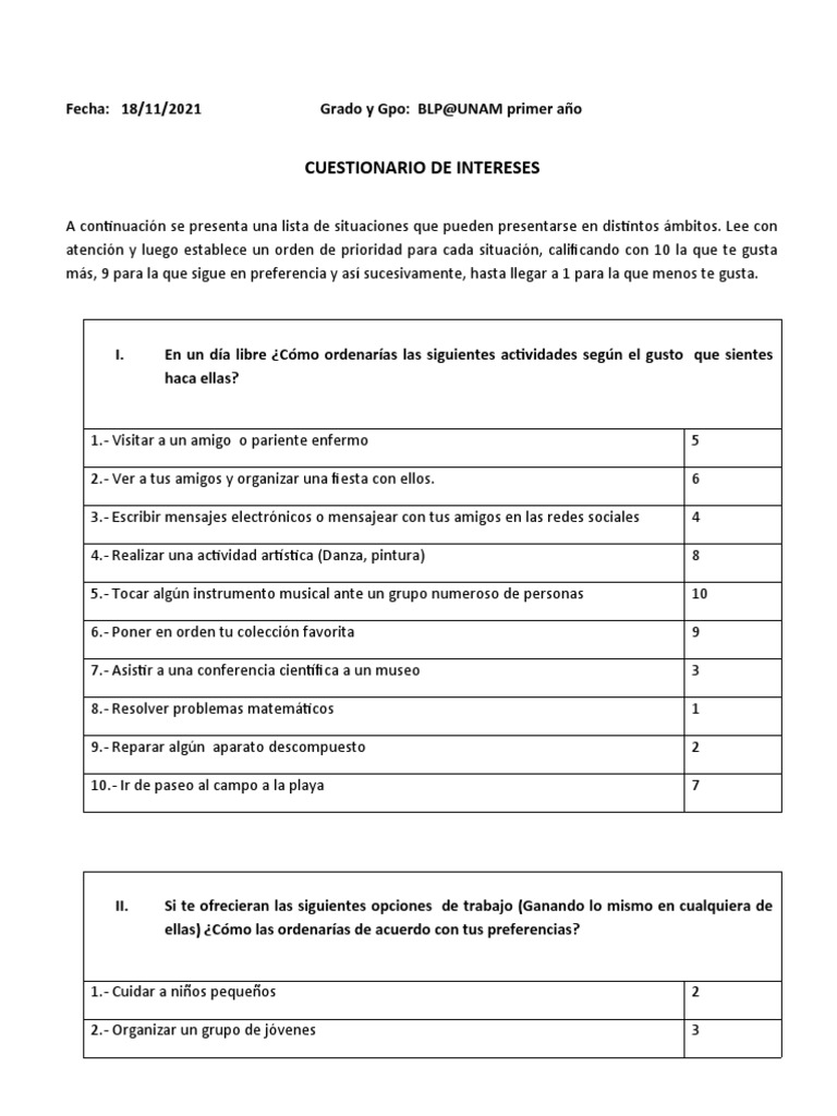 Cuestionario de Intereses | PDF