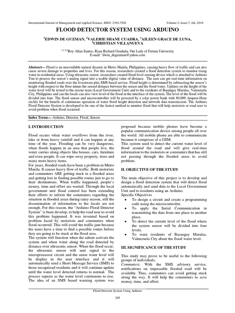 Flood Detector System Using Arduino: Edwin de Guzman, Valerie Shane Cuadra, Aileen Grace de Luna ...