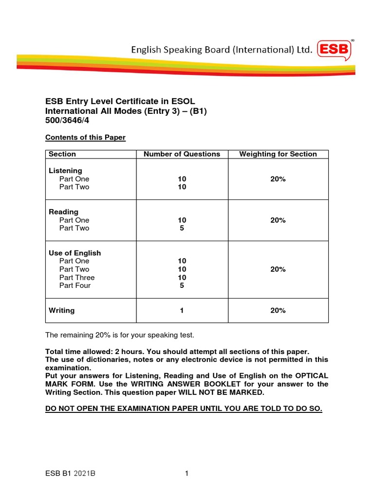 ESB B1 Entry Level ESOL Exam Guide | PDF | Language Arts & Discipline