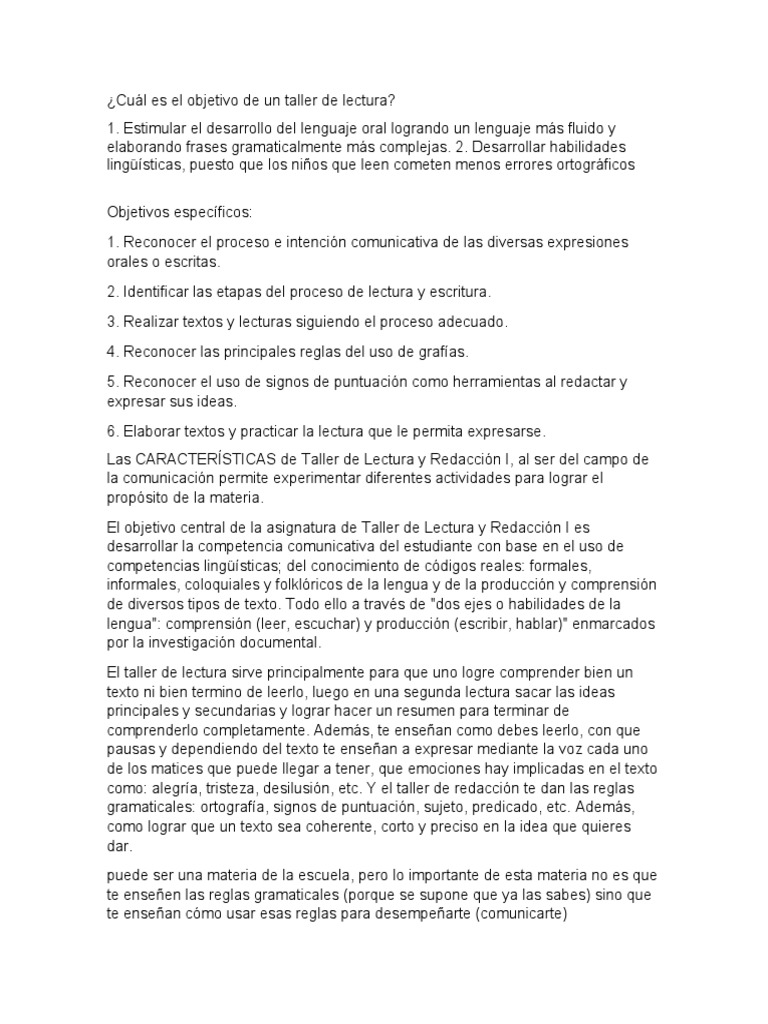 Cuál Es El Objetivo de Un Taller de Lectura | PDF | Escritura | Aprendizaje Cuál Es El Objetivo de Un Taller de Lectura | PDF | Escritura | Aprendizaje