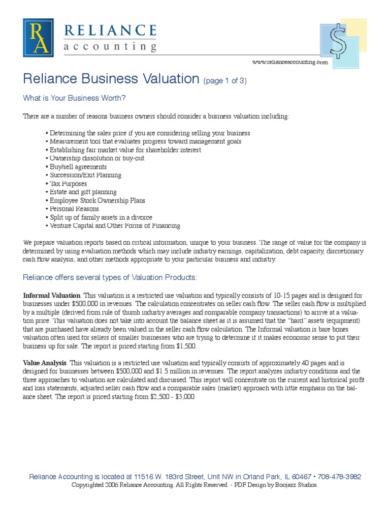 Reliance Business Valuation: (Page 1 of 3) What Is Your Business Worth ...