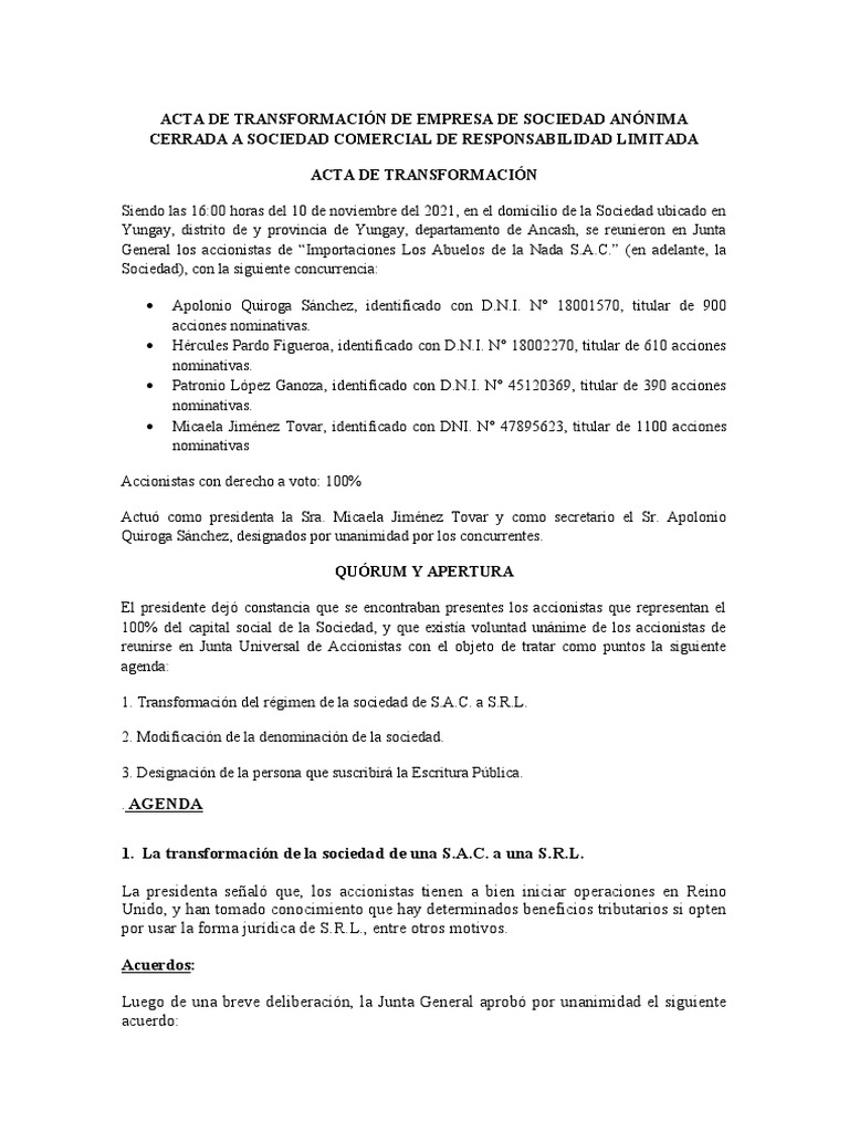 Acta de Transformación de Empresa de Sociedad Anónima Cerrada A ...
