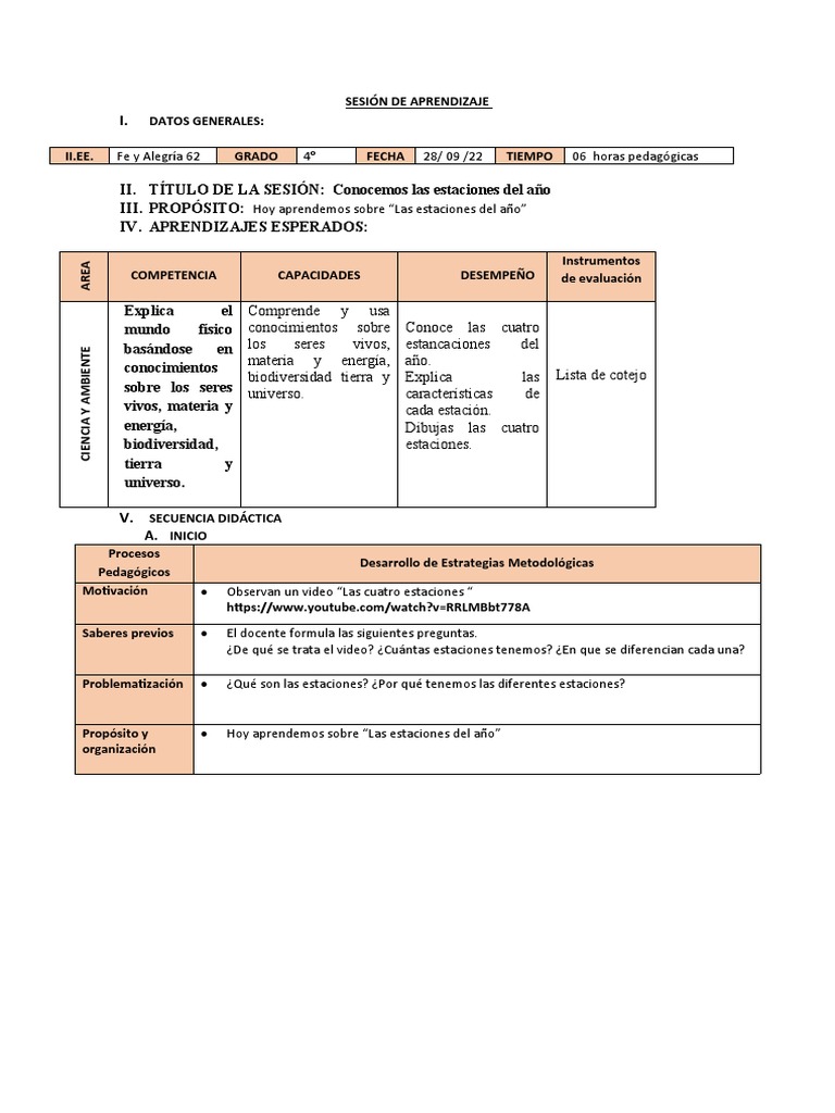 Sesion de Ciencia y Ambiente Las Estaciones | PDF | Evaluación ...