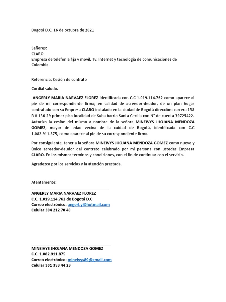 Carta Cesion de Contrato CLARO | PDF Carta Cesion de Contrato CLARO | PDF