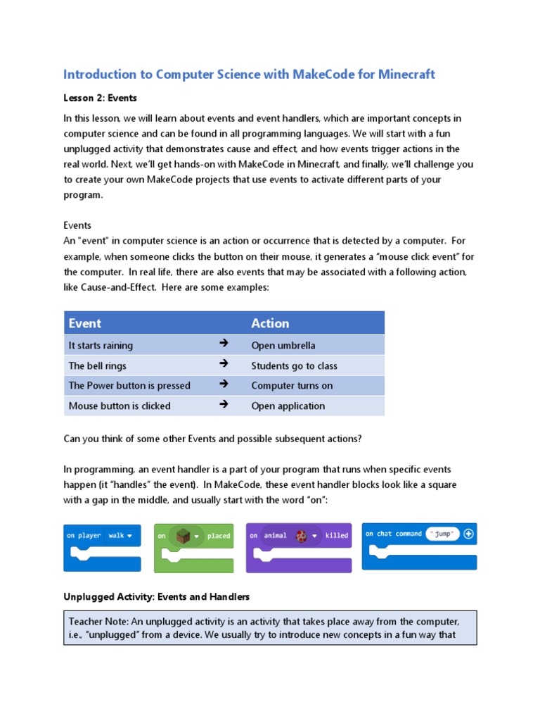Intro To Cs With Makecode For Minecraft Lesson 2 Events Pdf