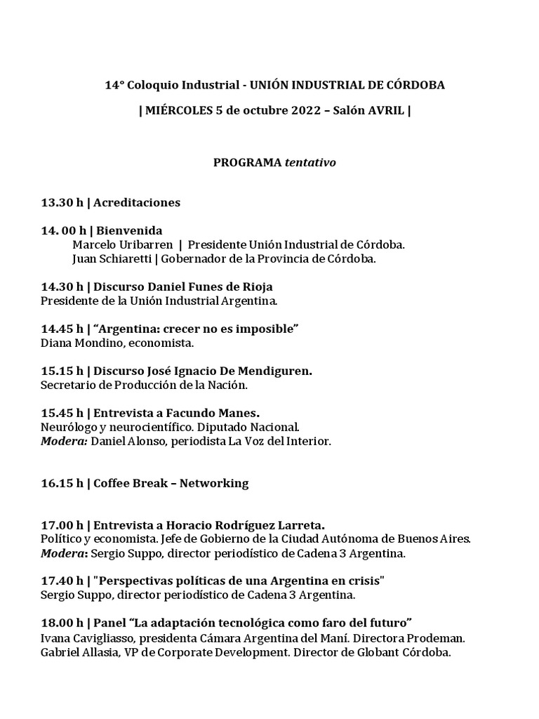 Programa Coloquio Industrial - UIC | PDF