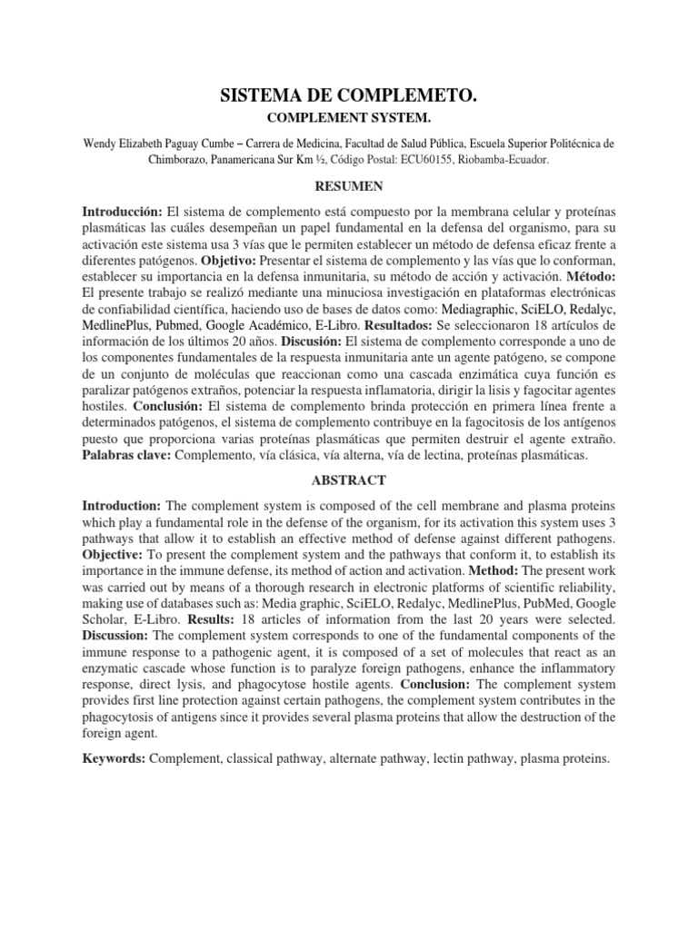 Revisión Bibliográfica Sistema de Complemento | PDF | Sistema complementario | Biofísica