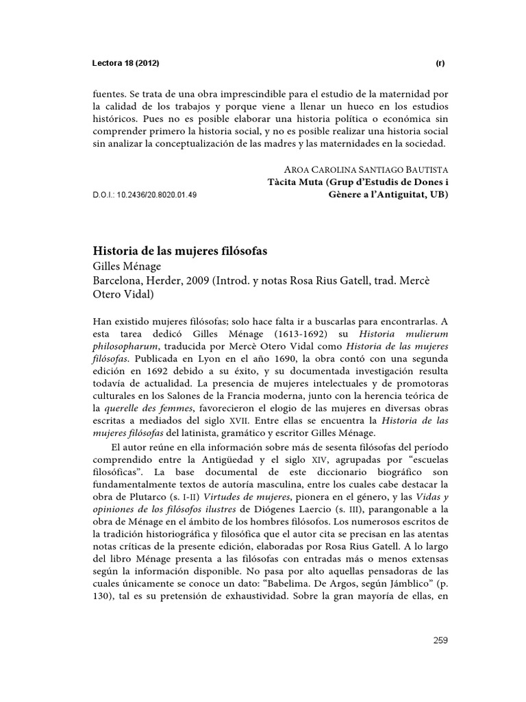 Historia de mujeres filósofas de Ménage | PDF