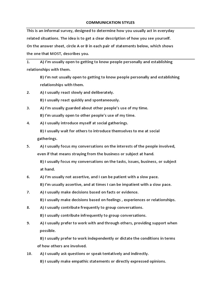 COMMUNICATION STYLES INVENTORY Answers PDF | Download Free PDF ...