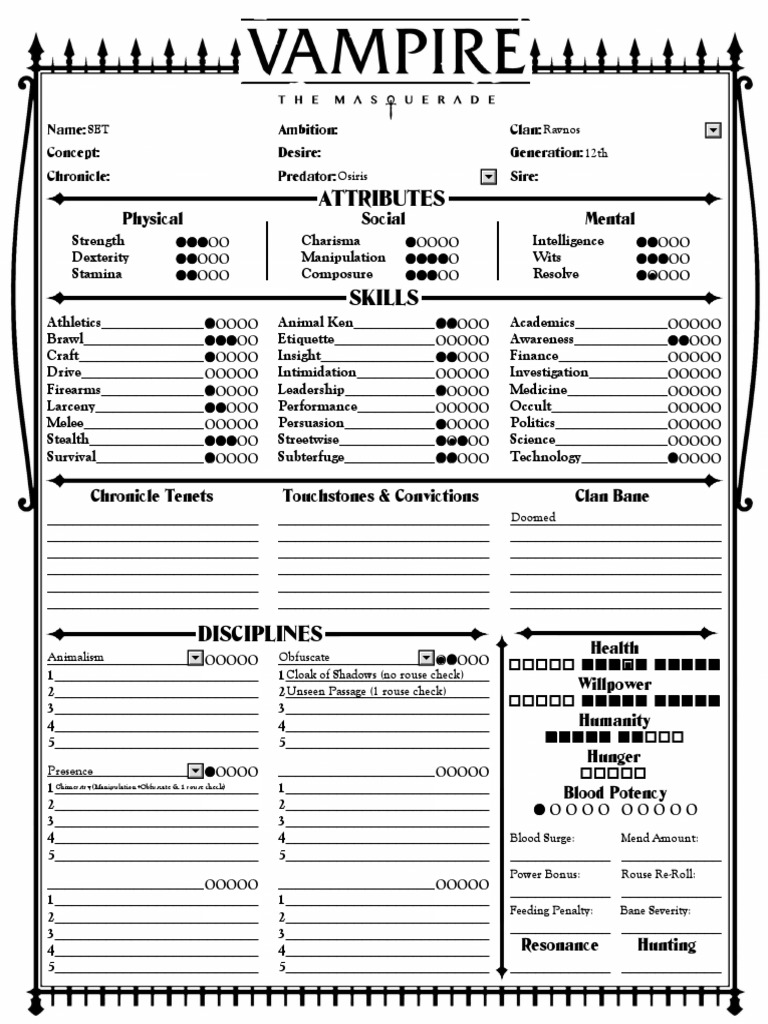 Vampire Character Sheet Template | PDF