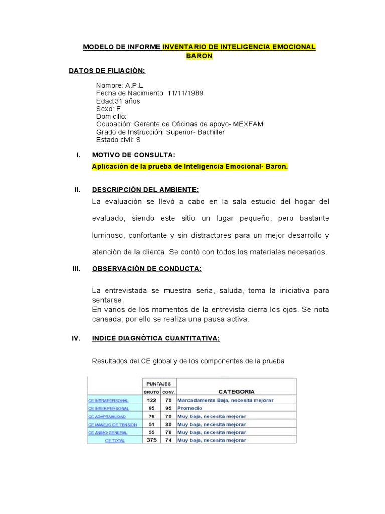 Modelo de Informe Baron | PDF | Las emociones | Inteligencia