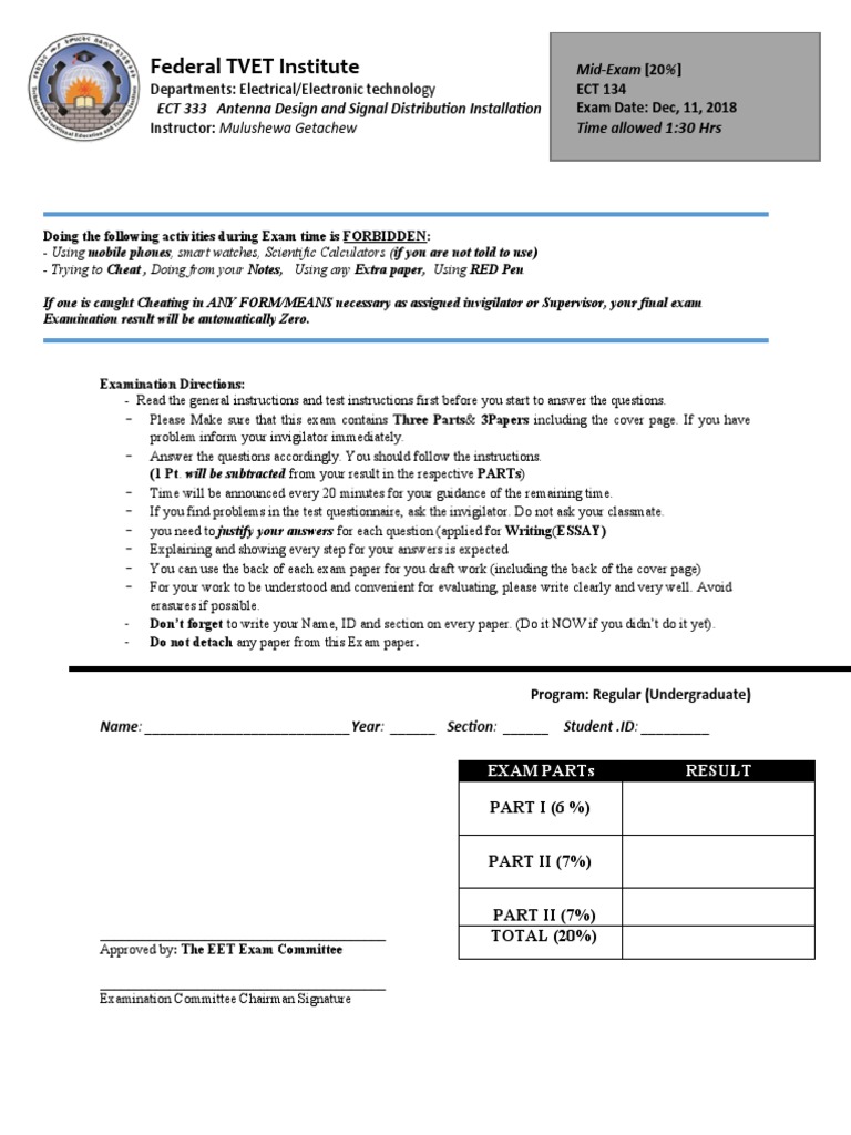Mid Exam Cover Page of Antenna | PDF | Test (Assessment)