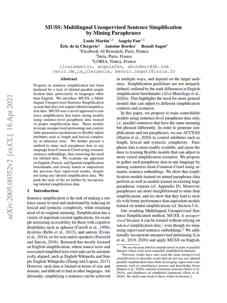 MUSS: Multilingual Unsupervised Sentence Simplification by Mining Paraphrases | PDF | Human ...