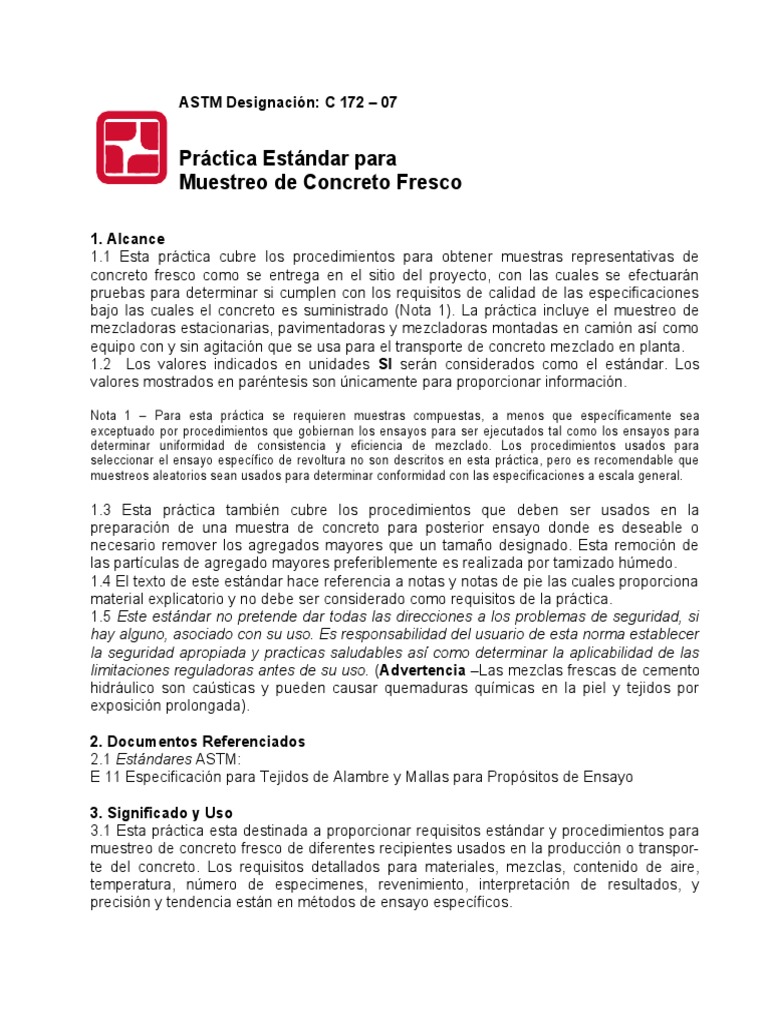 Astm C 172 - 07 | PDF | Hormigón | Muestreo (Estadísticas)
