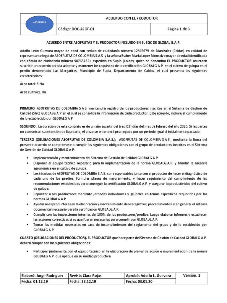 Actividad 1-ACUERDO CON EL PRODUCTOR-DOC-ASOF-01-Para Resolver | PDF | Colombia | Sistema de ...