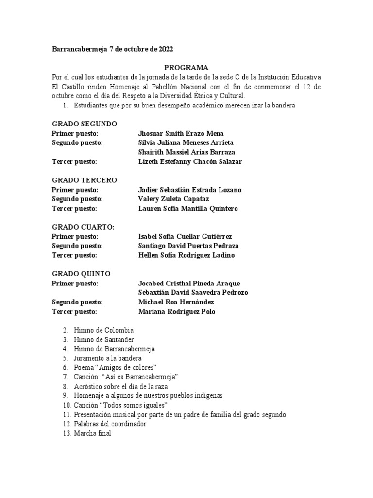 Programa Izada de Bandera Octubre | PDF | Arte