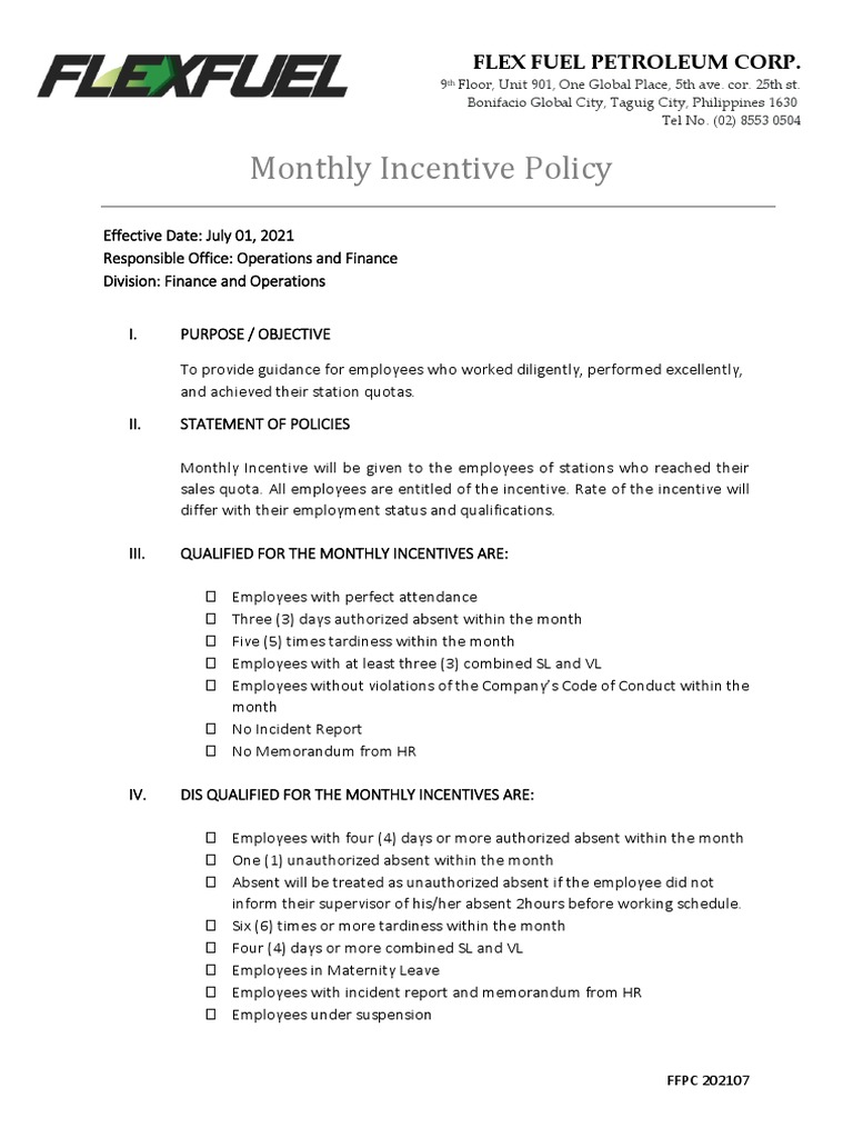 Monthly Incentive Policy 2021 | PDF | Labor | Business