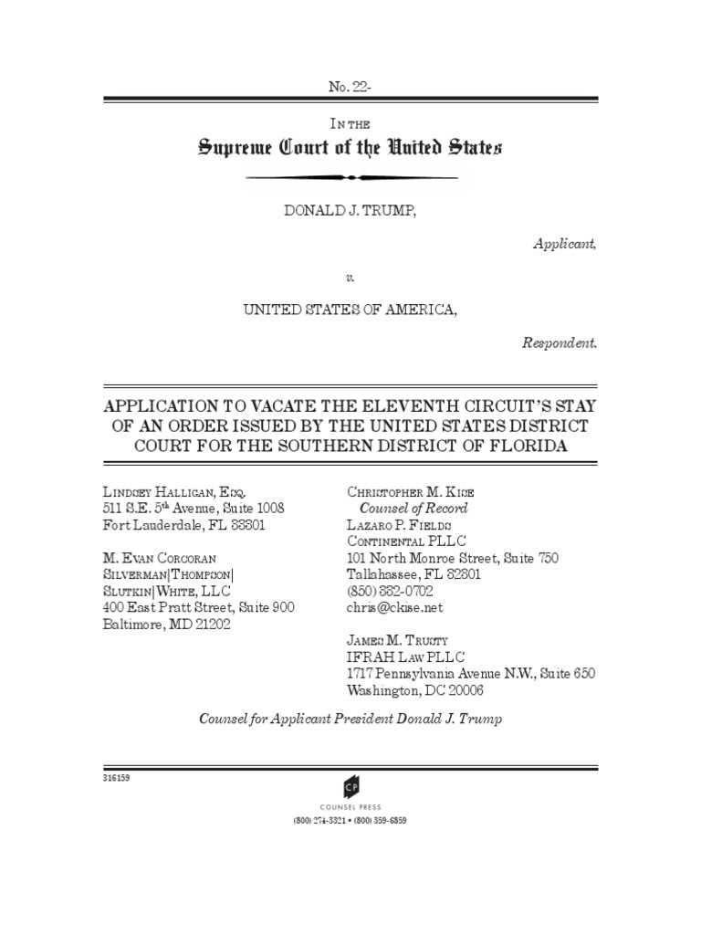Trump Application to Vacate Stay Order | PDF | United States Courts Of ...
