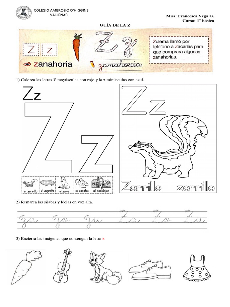 Guía de la letra Z para primer grado de primaria | PDF