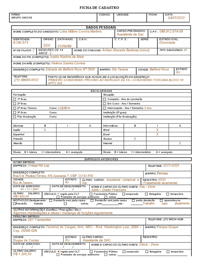 Cadastro de Candidato - Grupo Unicad | PDF | Business