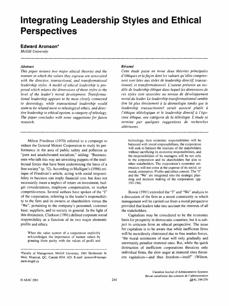 Leadership Styles and Ethics Integration | PDF | Leadership | Utilitarianism