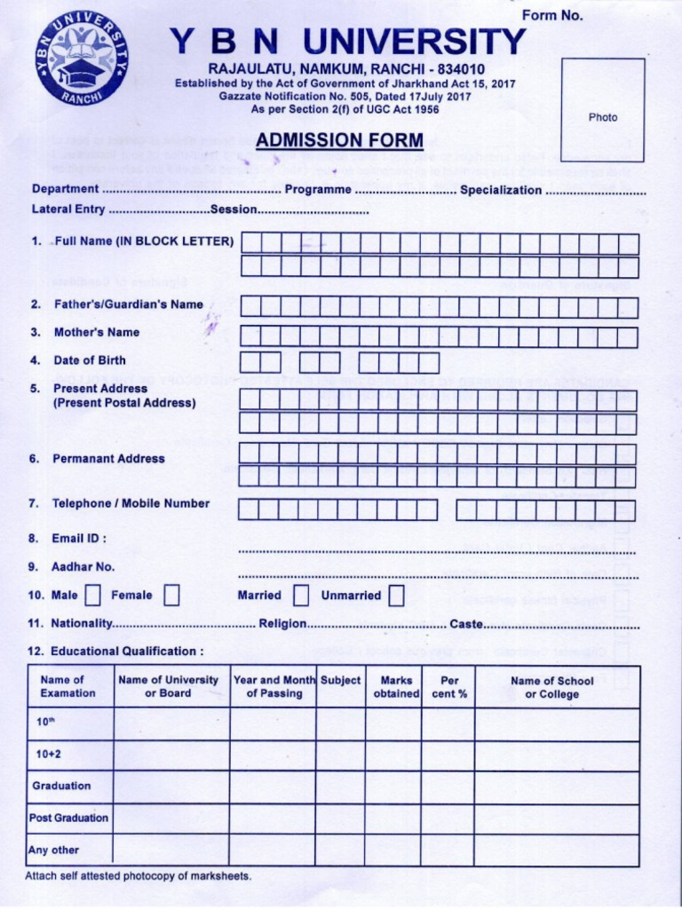 YBN University Admission Form 1 | PDF