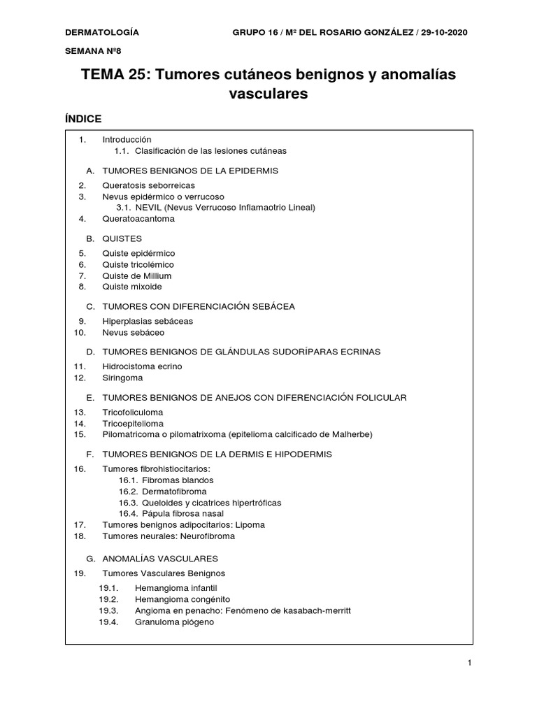 Tema 25 - Tumores Benignos de La Piel. Anomalías Vasculares | PDF | Piel | Neoplasias