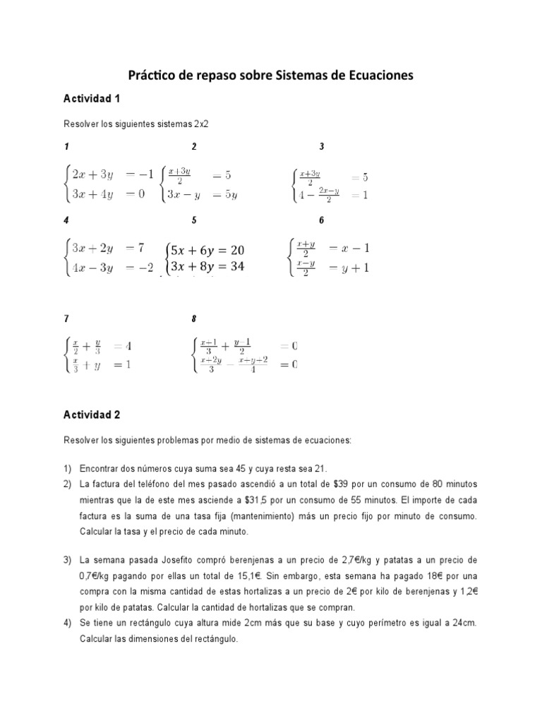 Práctico De Repaso Sobre Sistemas De Ecuaciones 2x2 Pdf 0527
