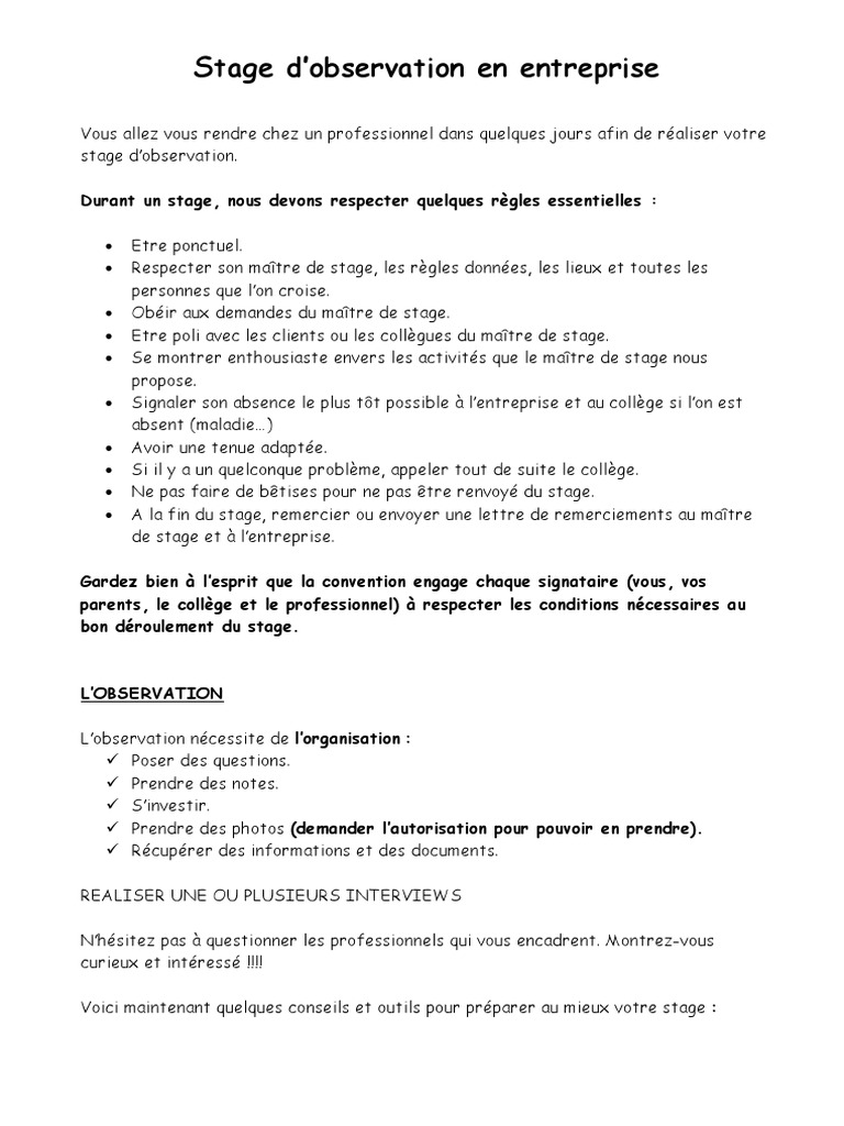 Guide du stage d'observation en entreprise | PDF | Business ...