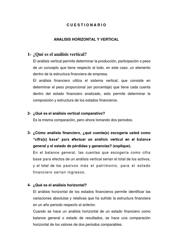 Cuestionario de Analisis Vertical y Horizontal | PDF | Business | Economias