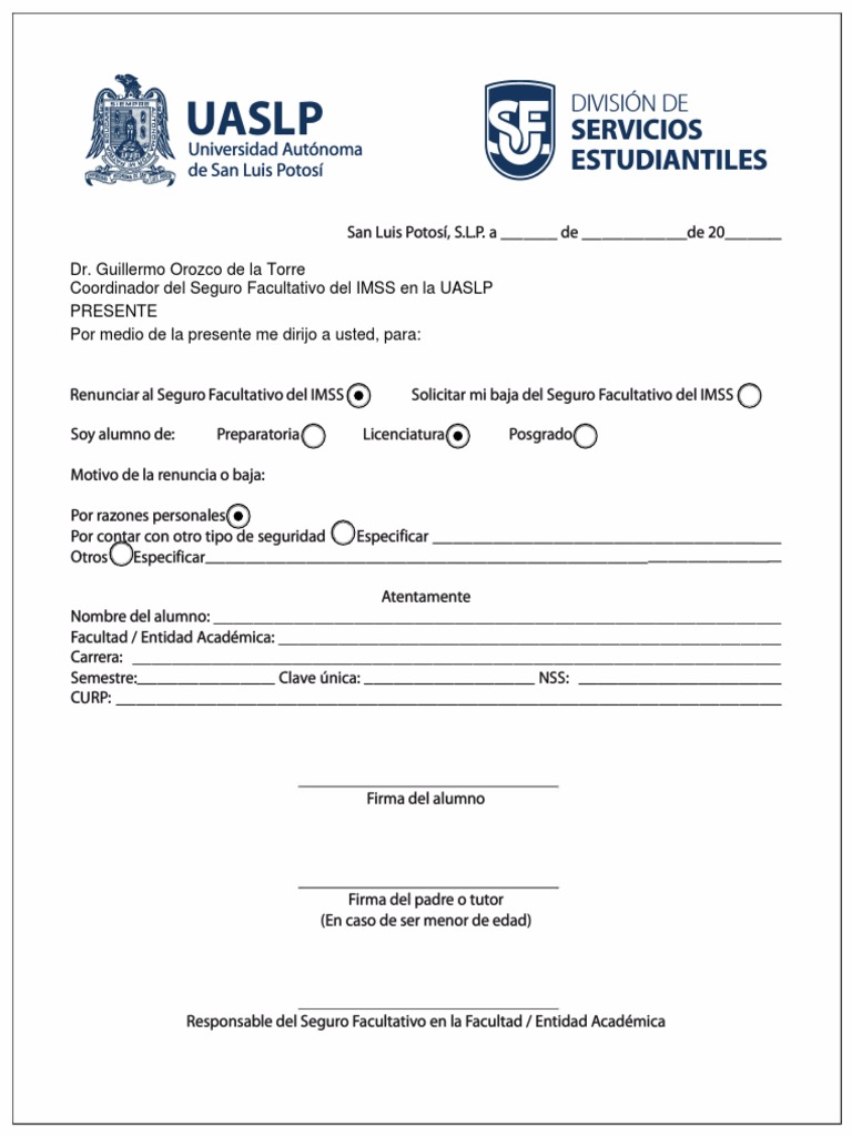 Formato para Renuncia o Baja Del Seguro Médico Del Imss | PDF Formato para Renuncia o Baja Del Seguro Médico Del Imss | PDF