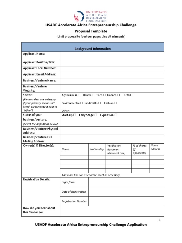 USADF Accelerate Africa Entrepreneurship Challenge Application template ...