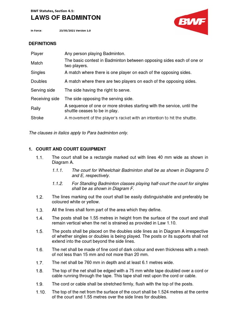 Section 4.1 - Laws of Badminton | PDF | Referee | Sports
