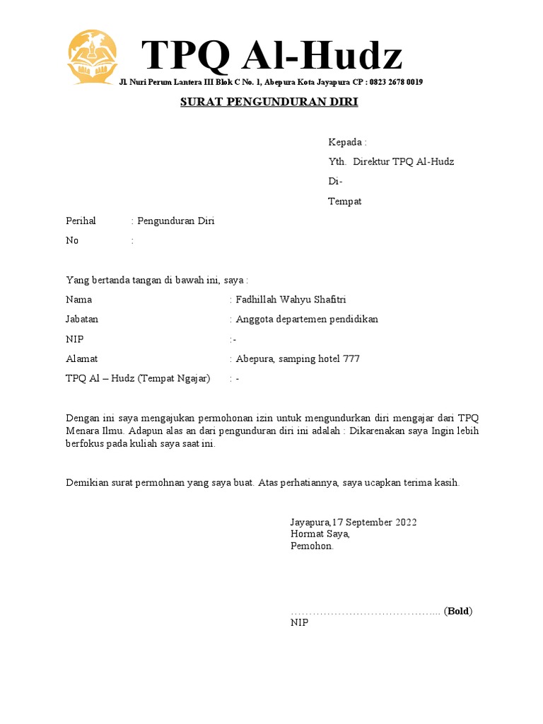 Surat Pengunduran Diri (TPQ Al - Hudz) - 1 | PDF