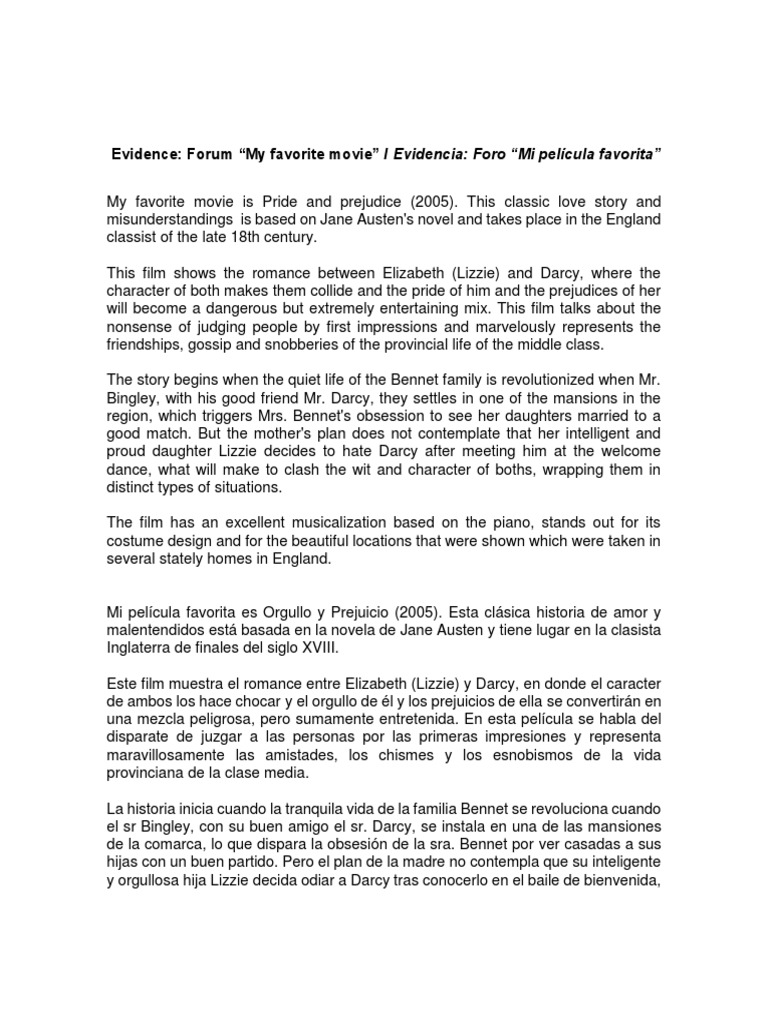 Evidence Forum My Favorite Movie | PDF | Orgullo y prejuicio | Jane Austen